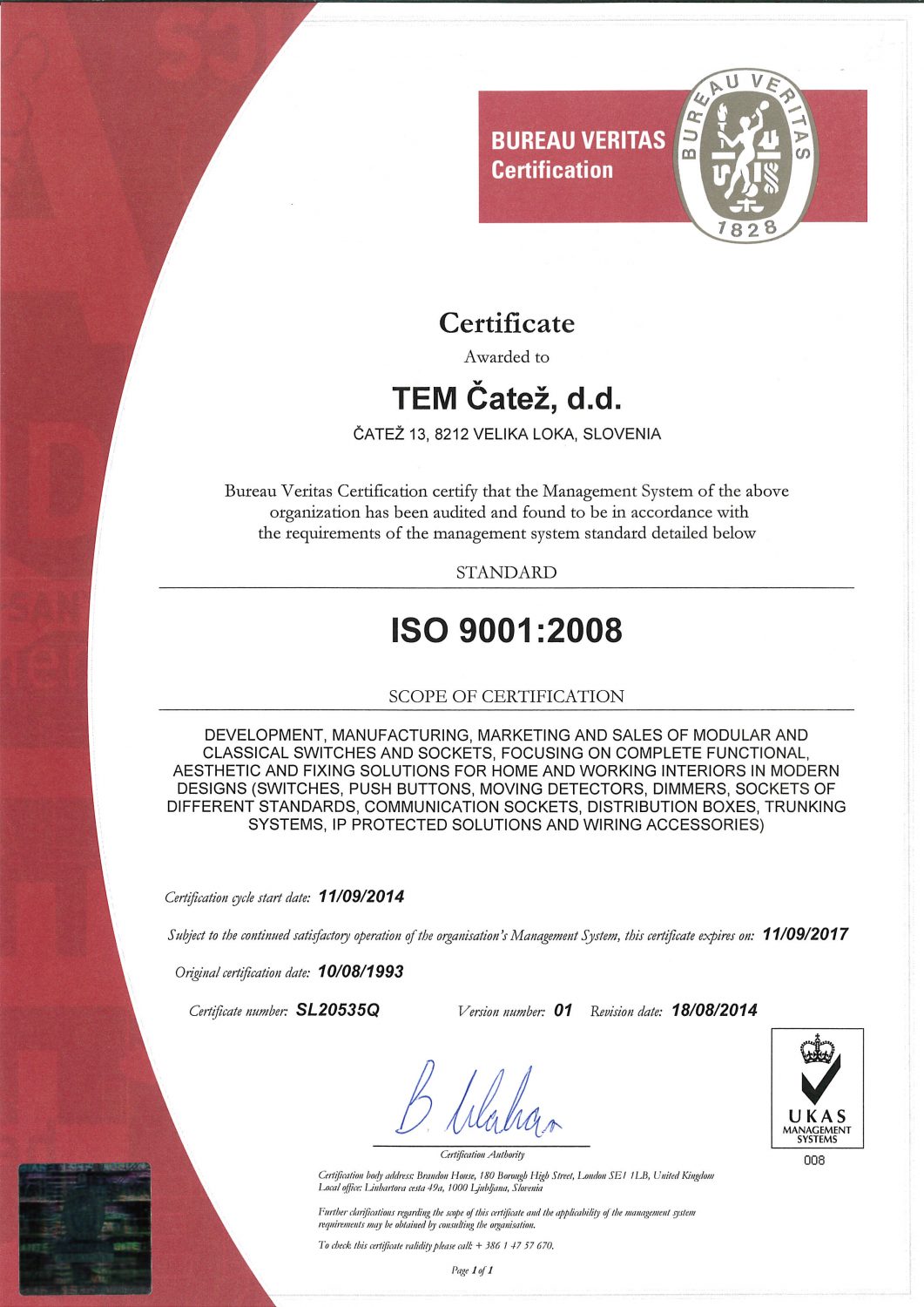 ISO 9001 2014 EN - TEM Čatež d. o. o.